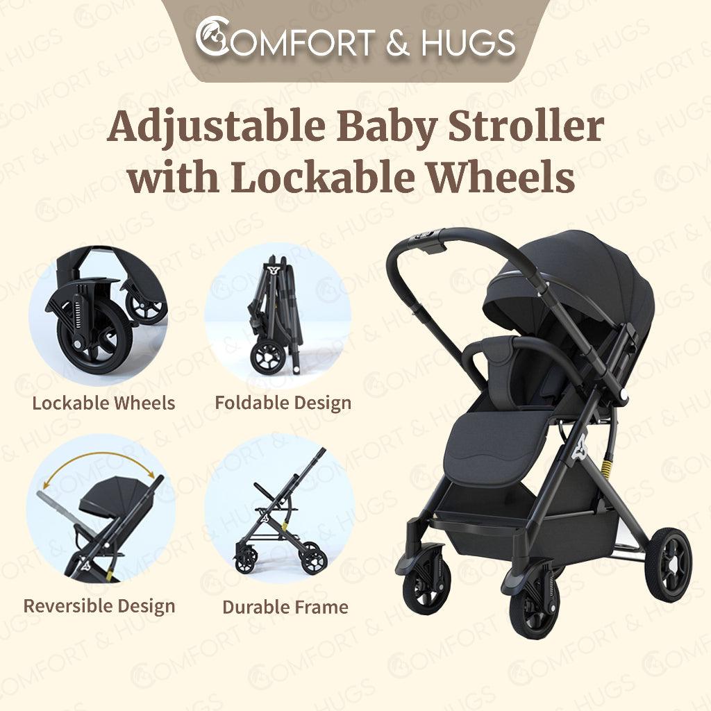 Baby Stroller with Breathable Sun Roof Reversible Foldable Storage Rem